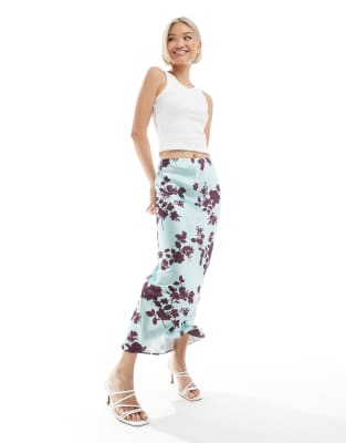 New Look floral satin midi skirt in blue | ASOS