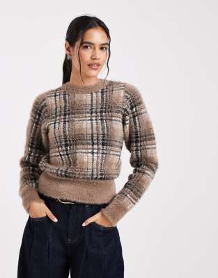New Look fluffy check jumper in brown | ASOS