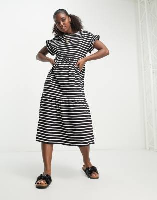 New Look jersey smock midi dress in black and white stripe | ASOS