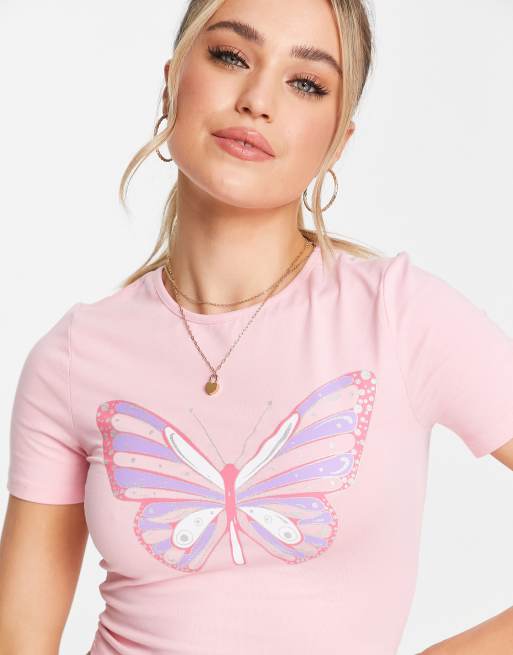 New Look – Kurzärmliges Oberteil in Rosa mit Kräuselsaum und Schmetterlings-Motiv | ASOS