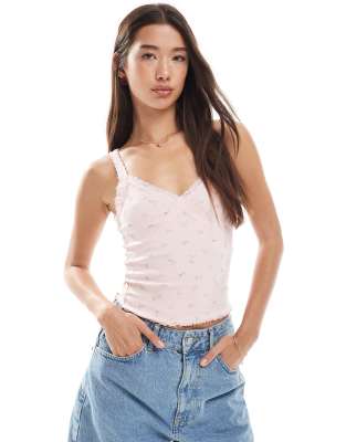 New Look lace trim singlet top in pink floral | ASOS