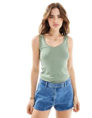 New Look lace trim v neck singlet in green | ASOS