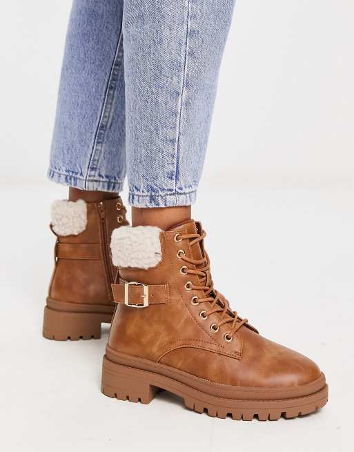 New Look lace up utility boots with shearling and buckle detail in tan ...