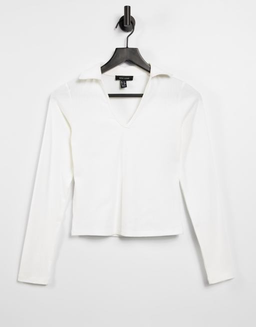 New Look – Langärmliges Oberteil mit Kragen in Weiß | ASOS