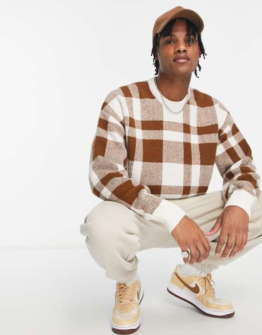 New Look large check relaxed fit jumper in mid brown | ASOS