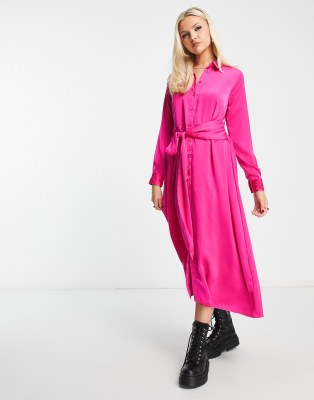 New Look long sleeve button up midi shirt dress in bright pink | ASOS