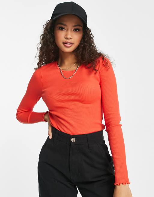 New Look long sleeve lettuce edge top in red | ASOS