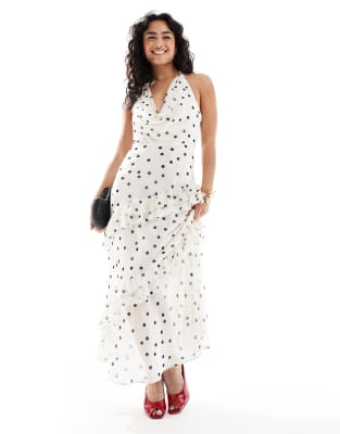 New Look - Maxi jurk met gedrapeerde halslijn en ruches in crème | ASOS