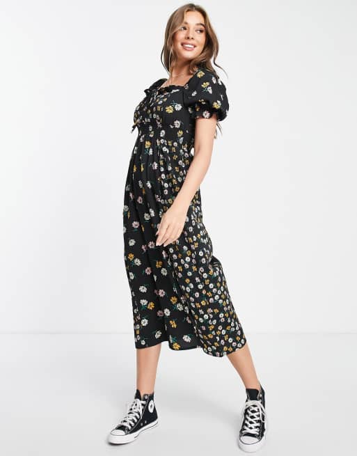 New Look - Midi sweetheart-jurk in zwart met fijne bloemenprint | ASOS