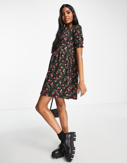 New Look - Mini jurk met smokwerk, gestrikte mouwen en bloemenprint in zwart | ASOS