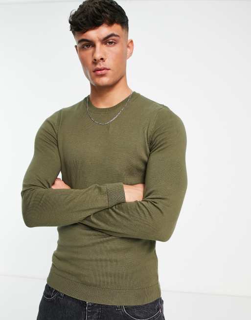 New Look muscle fit knitted jumper in dark khaki | ASOS