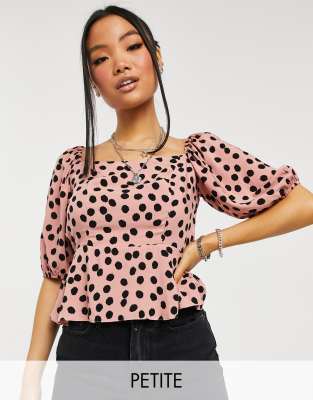 New Look Petite square neck top in pink spot | ASOS