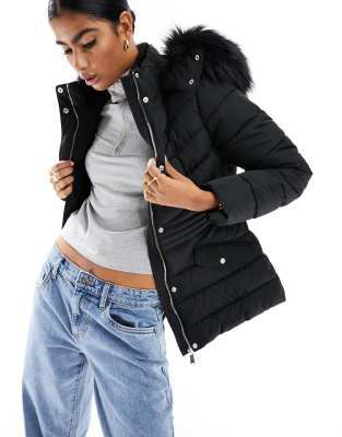 New Look puffer jacket with faux fur hood in black | ASOS