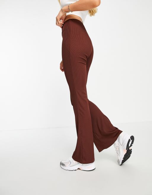 New Look ribbed flared trousers in brown | ASOS