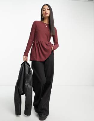 New Look ribbed long sleeved peplum top in burgundy | ASOS