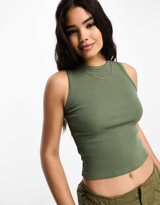 New Look ribbed racer vest in khaki | ASOS