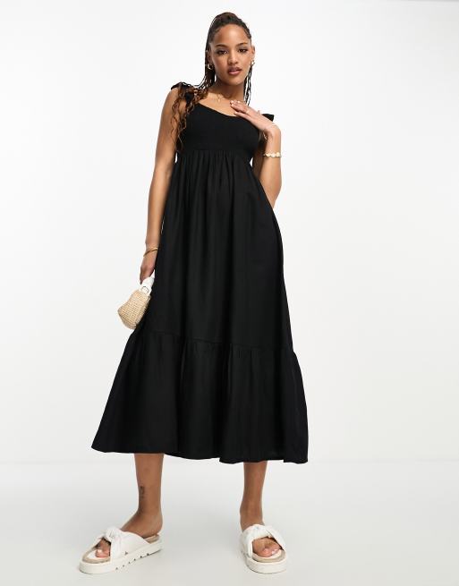 New Look - Robe mi-longue froncée avec manches à volants - Noir | ASOS