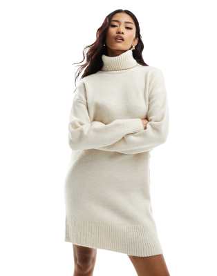 New Look roll neck knitted mini dress in cream | ASOS