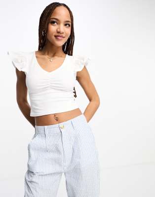 New Look ruched front puff sleeve crop top in white | ASOS