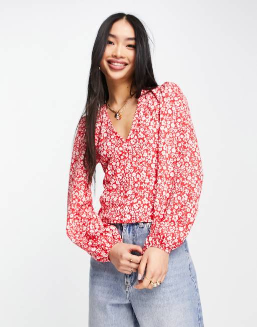 New Look ruched front top in white floral | ASOS