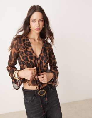 New Look ruffle front shell top in leopard print | ASOS