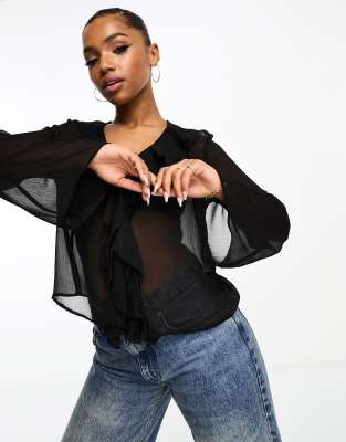 New Look ruffle neck long sleeve blouse in black | ASOS