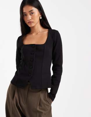 New Look square neck button long sleeve top in black | ASOS