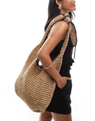 New Look stripe slouch raffia tote bag in stone | ASOS