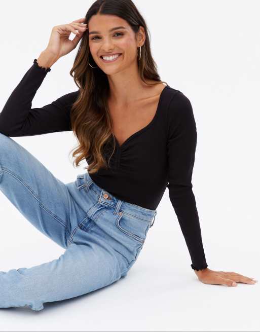 New Look sweetheart neck long sleeve top in black | ASOS