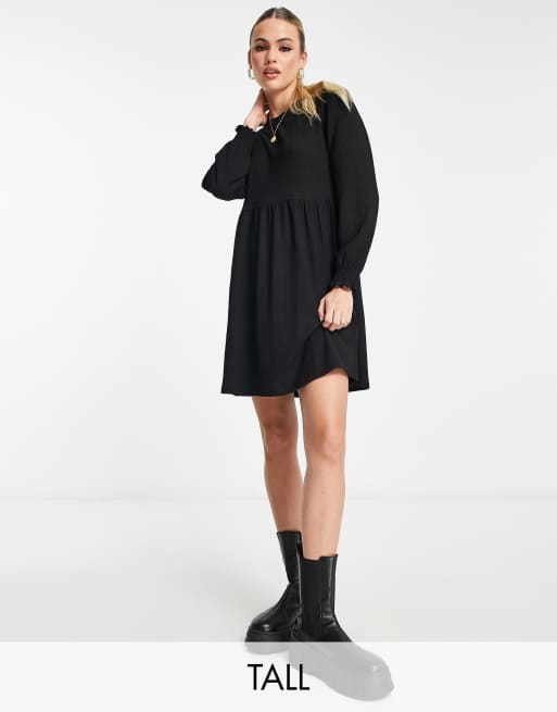 New Look Tall long sleeve mini jersey smock dress in black | ASOS