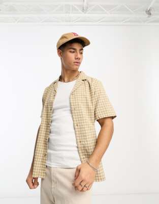 New Look textured check revere shirt in stone | ASOS