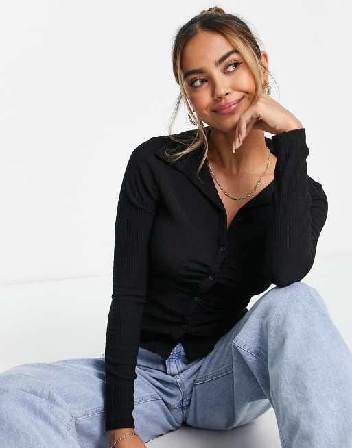 New Look textured ruched front long sleeve top in black | ASOS