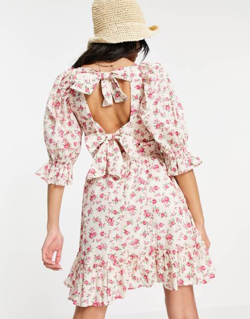 New Look Tie Back Shirred Smock Dress In White Floral Asos