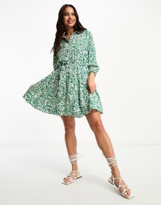 New Look tie waist mini shirt dress in green pattern | ASOS