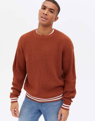 New Look Waffle Stripe Sweater In Burnt Orange | ModeSens