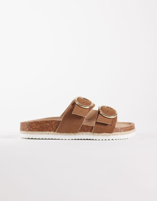 New Look Wide Fit double buckle espadrille jute sandal in tan | ASOS