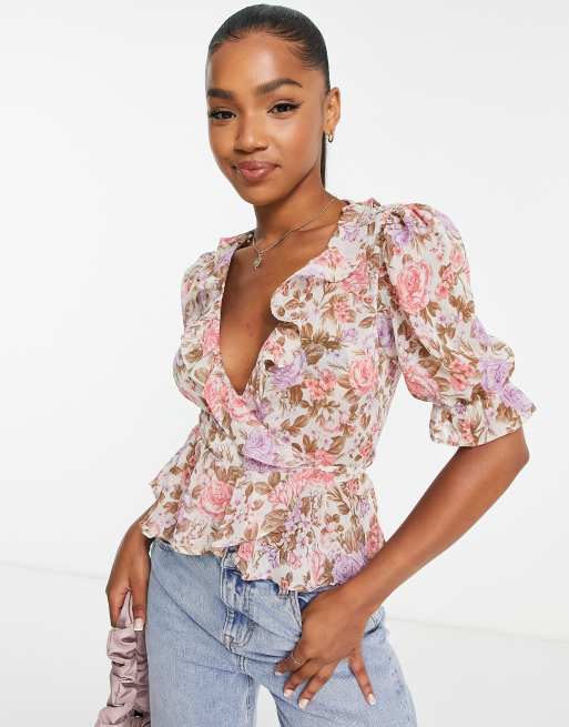 New Look wrap blouse with frill detail in pink floral | ASOS
