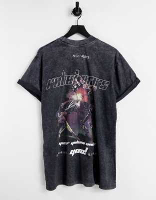 Night Addict Robot Wars Chest Print T-shirt In Acid Wash Black | ModeSens
