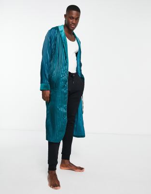 Night jacquard stripe robe with velvet trim in forest green | ASOS