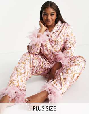 Night Plus Baroque Print Satin Pajamas With Detachable Faux Feather