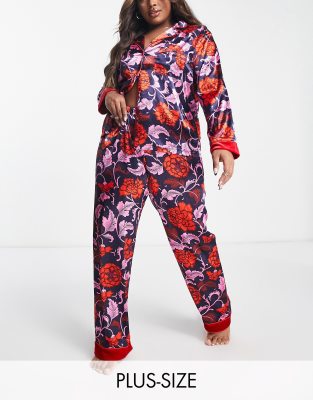 Night Plus satin long pyjama set with velvet cuffs in baroque floral | ASOS