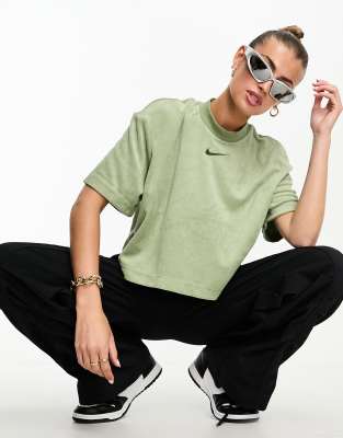 Nike Club French Terry boxy cropped T-shirt in khaki | ASOS