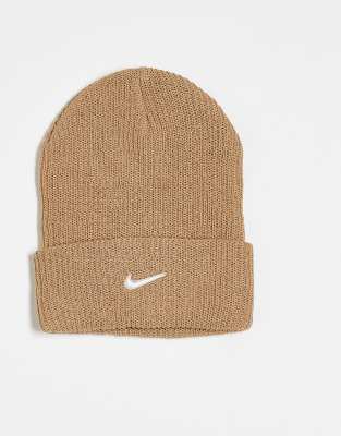 Nike cuffed beanie with metal swoosh in brown | ASOS