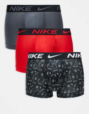 Nike Dri-Fit Essential Microfibre 3 pack trunks in black print/red/grey ...