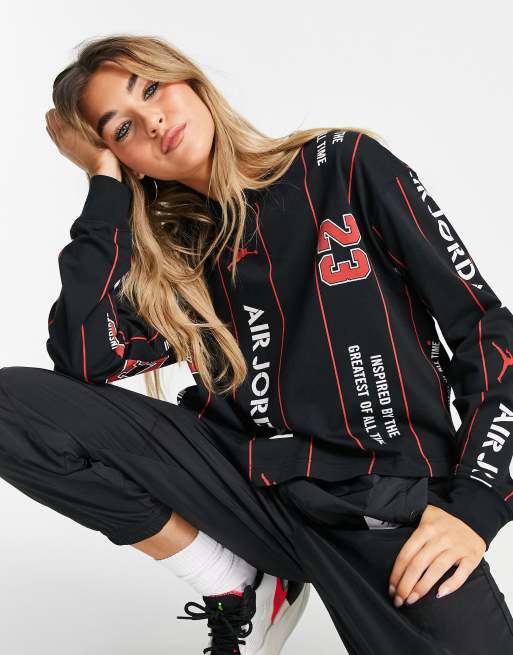 Nike Jordan Core Essentials all-over print long sleeve top in black/red ...
