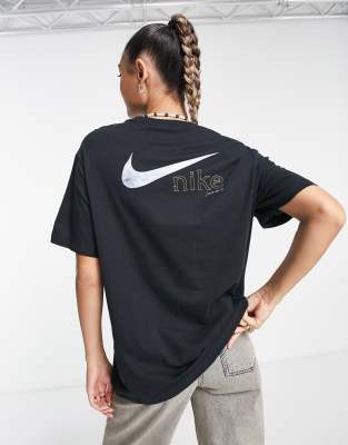 Nike metallic foil graphic swoosh back print boyfriend t-shirt in black ...