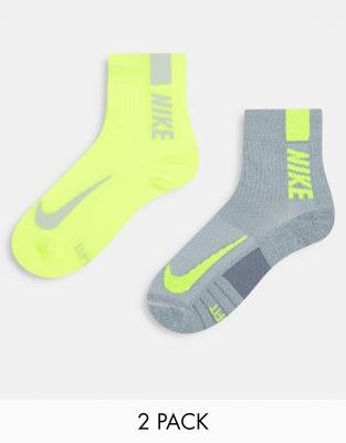 Nike Running Multiplier unisex ankle 2 pack socks in grey and volt | ASOS