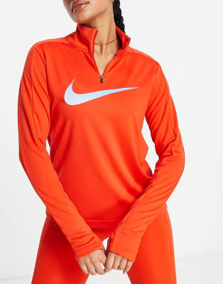 Nike Running Swoosh logo 1/4 zip long sleeve top in red | ASOS