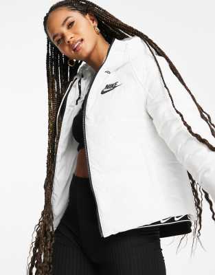 Nike tape repeat padded jacket with hood in white | ASOS