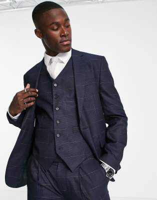 Noak Skinny Premium Fabric Suit Jacket In Navy Windowpane Plaid With ...
